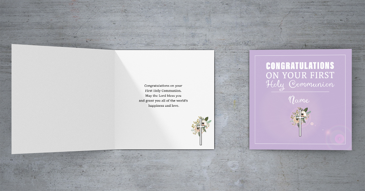 Light Purple with cross and florals Holy Communion Card in English for ...