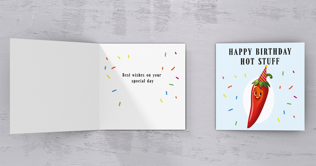 Funny birthday card with chilli pepper wearing party hat in English ...