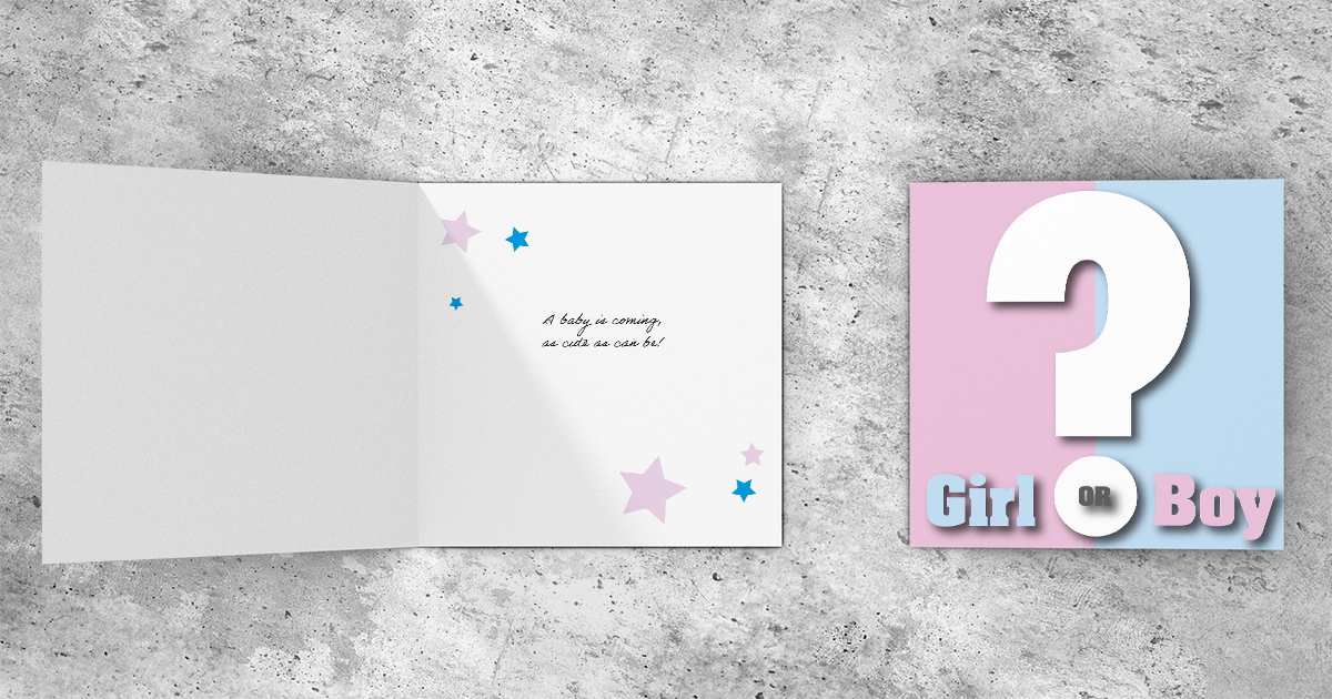 Girl or boy with a big question mark gender reveal card in English ...