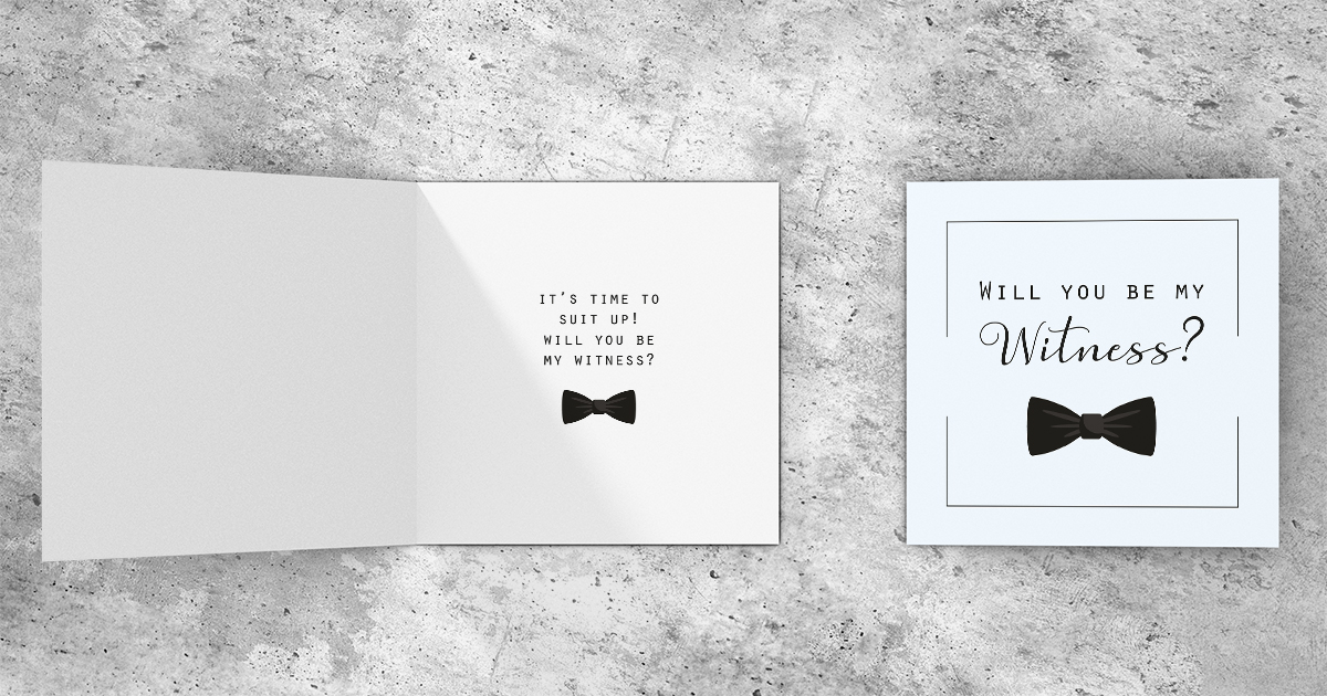 Will you be my witness card with black bow in English | Witty Creations